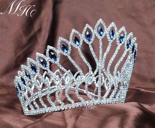 Large Contoured Pageant Tiara Blue Rhinestone Crown Wedding Prom Party ...