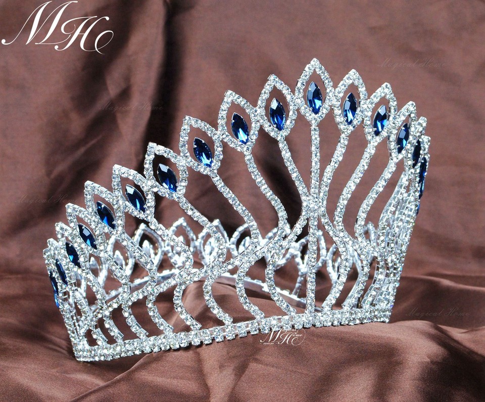 Large Contoured Pageant Tiara Blue Rhinestone Crown Wedding Prom Party ...