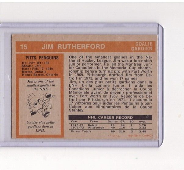 JIM RUTHERFORD SIGNED 1972-73 O-PEE-CHEE ROOKIE HOCKEY CARD #15 ...