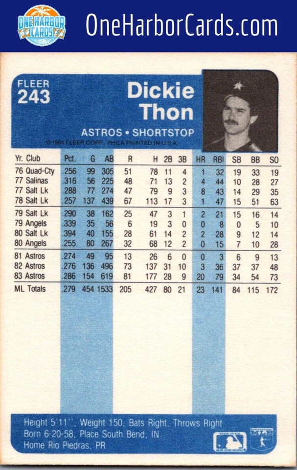 1984 Fleer Houston Astros Baseball Card #243 Dickie Thon | eBay