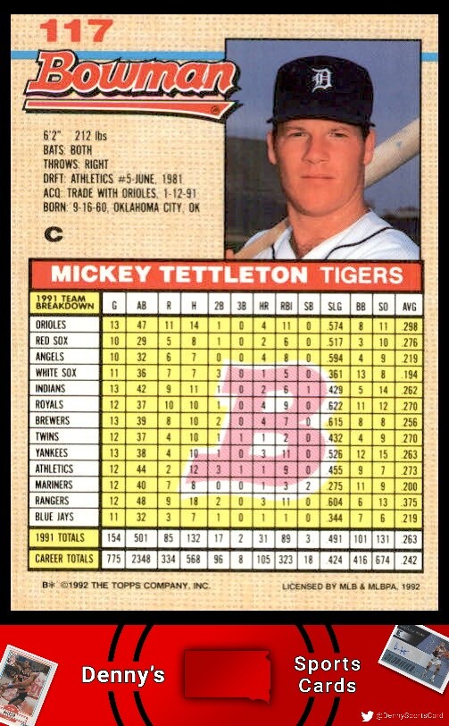 1992 Bowman #117 Mickey Tettleton Detroit Tigers Baseball Card | eBay