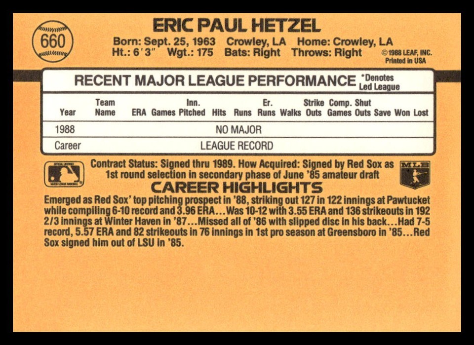 1989 Donruss #660 Eric Hetzel Red Sox RC "Denotes*" Variation Baseball ...