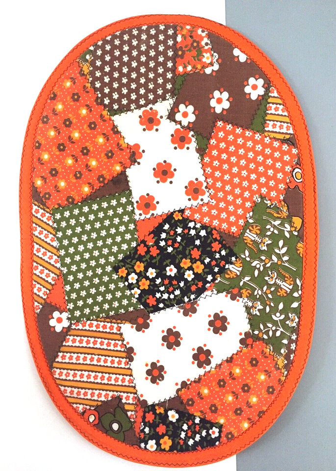 VTG HANDMADE CLOTH *Orange Patchwork Fabric* SET of 4 PLACEMATS & 2 ...