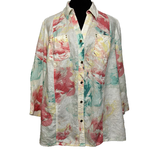 JM Collection Woman Linen Top 16W Watercolor Print 3/4 Sleeve Pockets ...