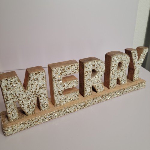 MERRY Wood Sign Beaded White Gold CHRISTMAS FESTIVE Sparkle 17 Inches ...