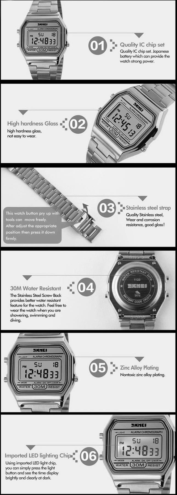 Skmei Mens Boys Classic Clear Digital Watch Retro Alarm Metal Strap ...