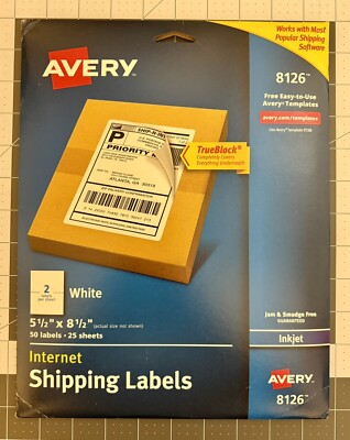 Avery 8126 InkJet Mailing SHIPPING LABELS perforated 50pk WHT w ...