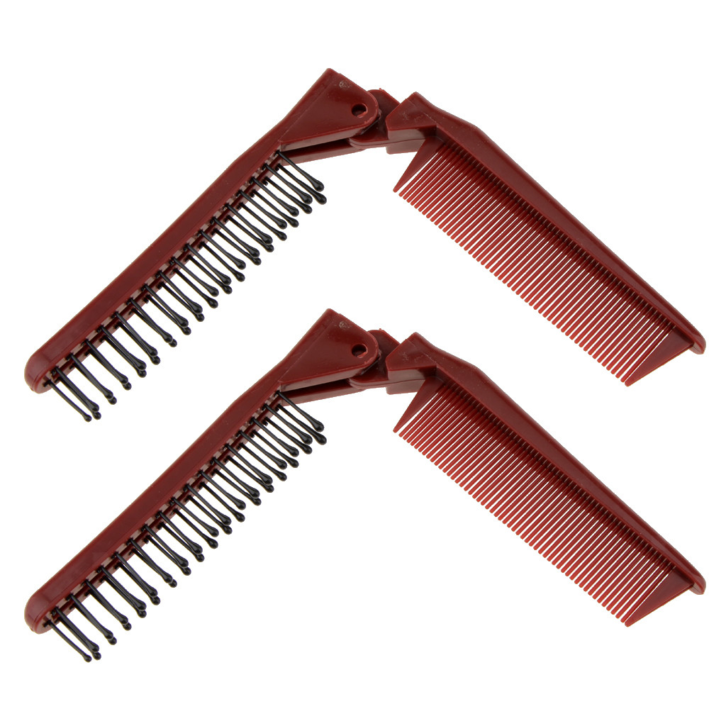 2Pcs Small Folding Plastic Dual Hair Brush/Comb Travel Pocket Size Wine ...