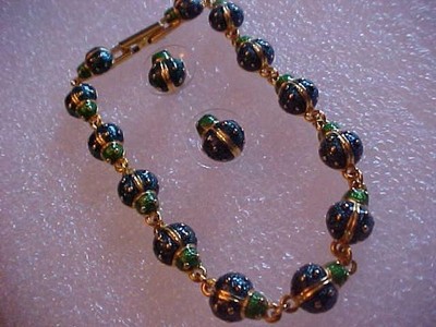 Joan Rivers GREEN Ladybug Bracelet + Matching Earrings Enamel Gold ...