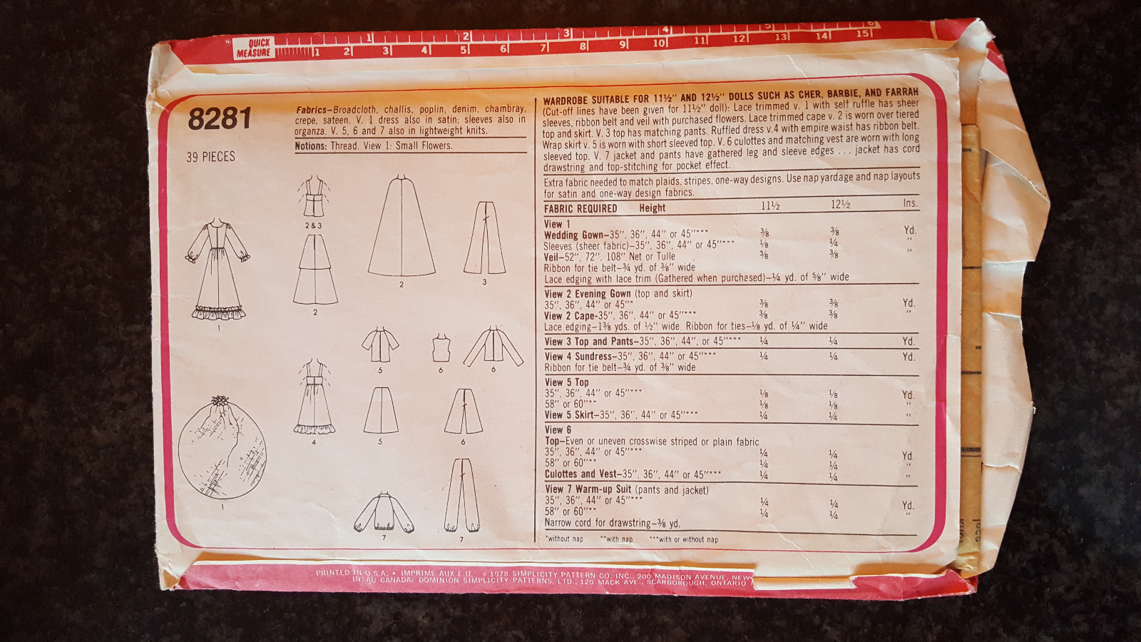 1977 Simplicity #8281 Pattern Clothing for dolls such as Cher, Barbie ...