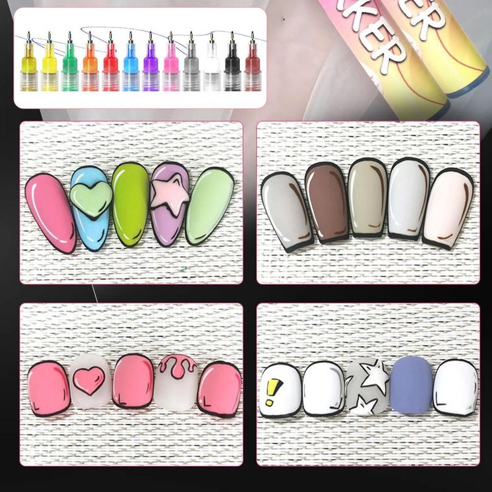 12X Nail Art Pen Marker Set 0.5mm Extra Fine Tip Graffiti Drawing ...