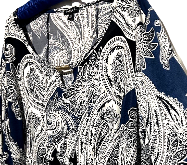 Sami & Jo Top 3X Navy Blue White Paisley Print Stretch Knit Tunic Shirt ...