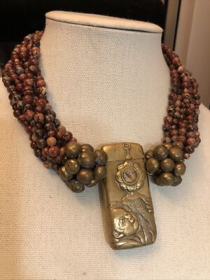 5. Japan Compass Brass Repousse Vesta Case Match Box Holder Jasper ...