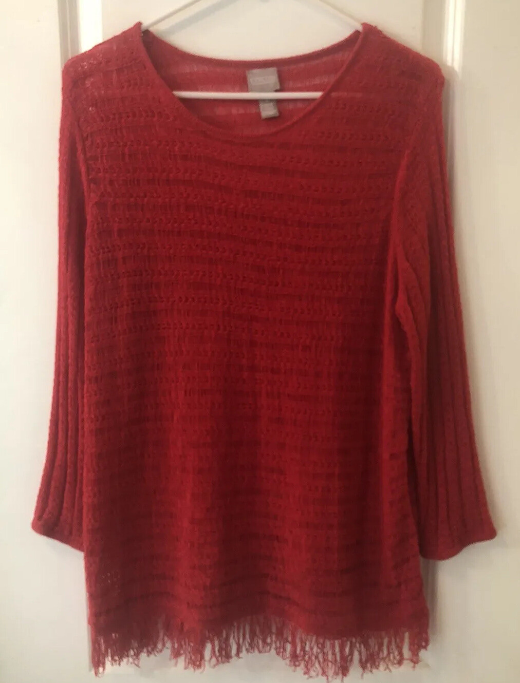 Chicos size 2 red open weave fringed sweater, 3/4 Sleeves | eBay