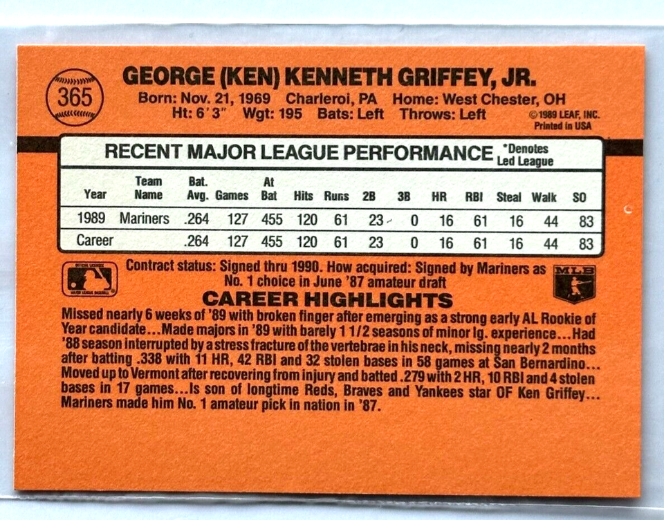 1990 Donruss Ken Griffey Jr. #365 Multiple Misprints & Errors Rare ...