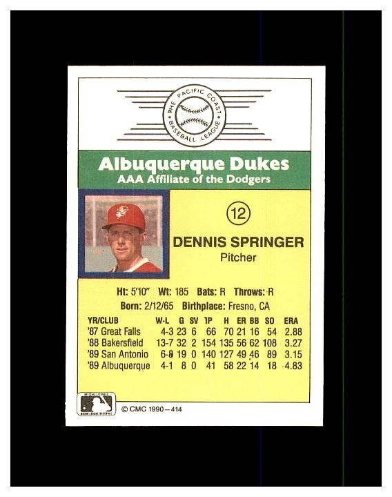 1990 Albuquerque Dukes CMC #12 Dennis Springer | eBay