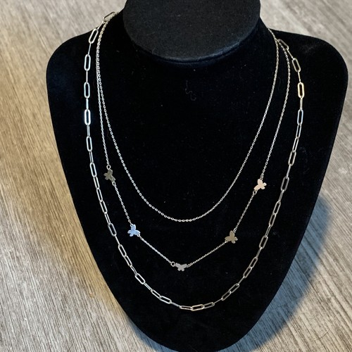3 Strand Layered Silver Toned Necklace Butterflies Multi Chains ...