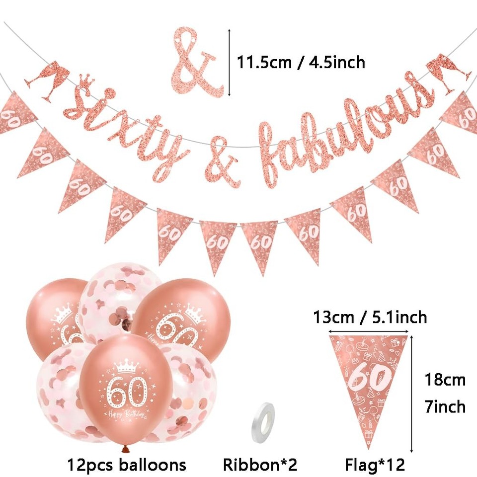 60th Birthday Decorations for Women – Rose Gold Balloons, Banner, Party ...