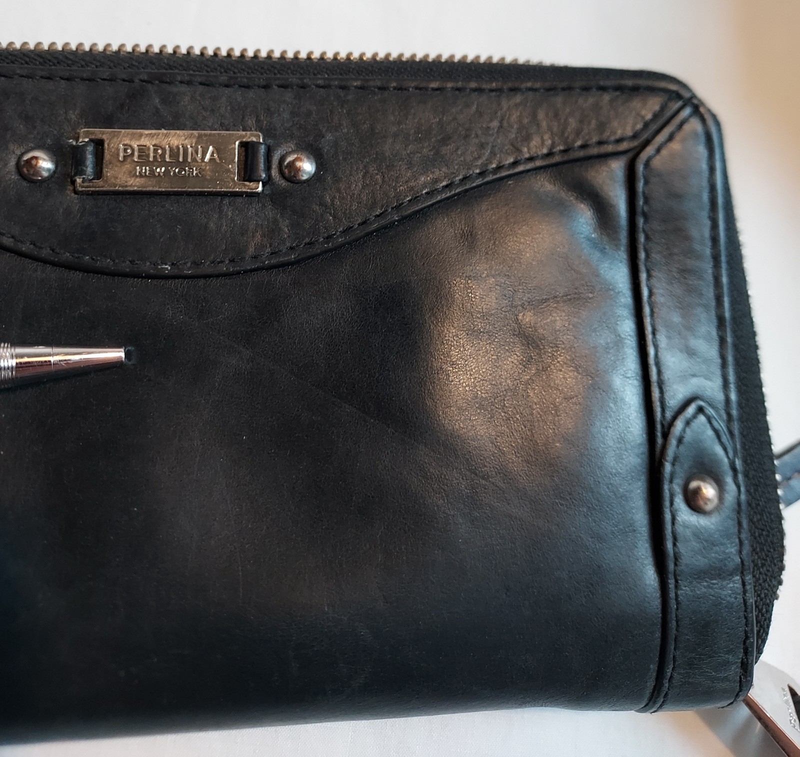 Perlina New York Black Leather Silver Studs Large Zip Around Clutch ...