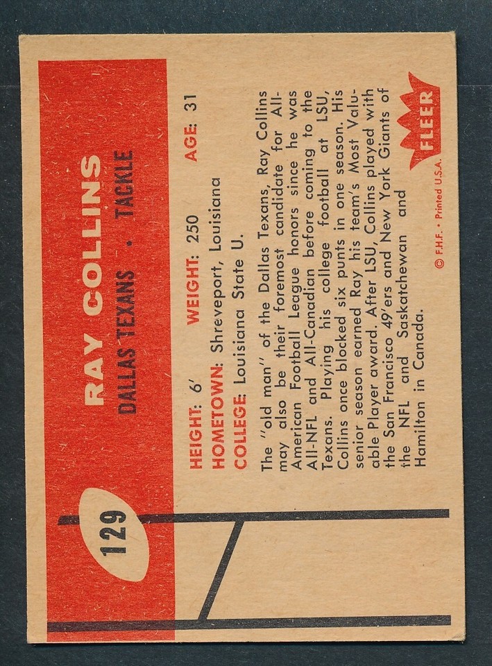 1960 Fleer Football #129: RAY COLLINS Dallas Texans ~ VG+ | eBay