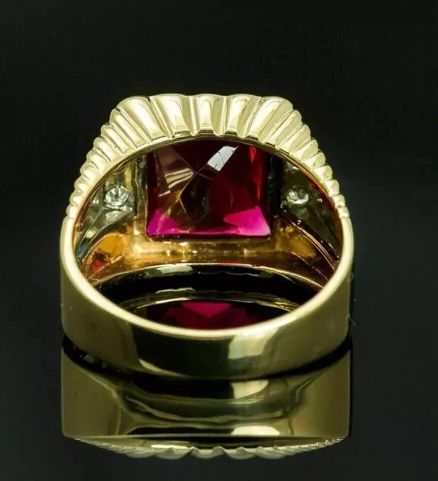 3.00Ct Emerald Cut Lab Created Red Ruby Men Wedding Ring 14k Yellow ...