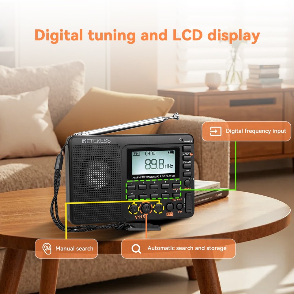 V115P Portable Radio,AM FM SW WB Radio,Digital Stereo Bluetooth Radio ...
