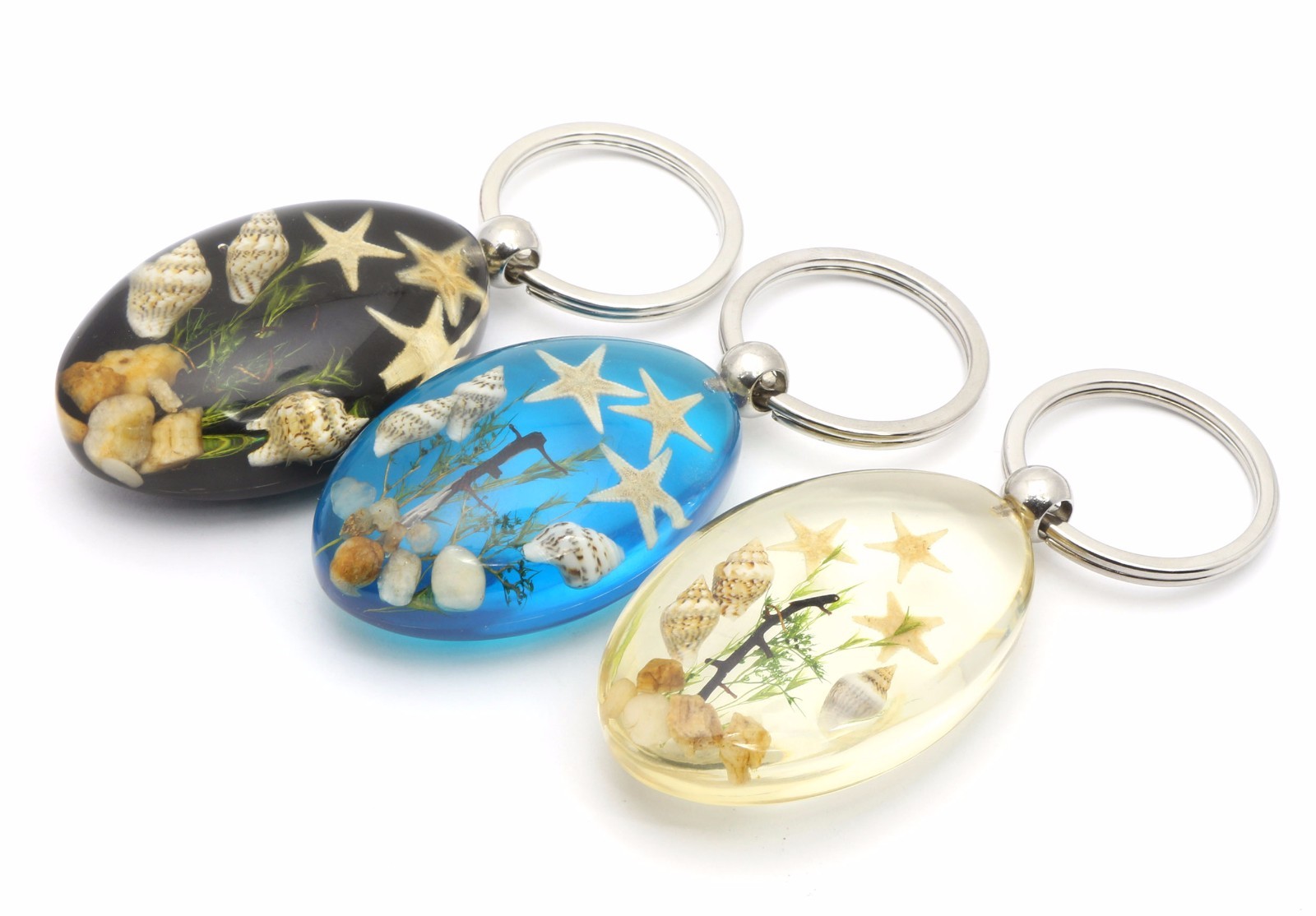 Ocean Beach Themed Key Chains - Encased Seashells Starfish Plants and ...