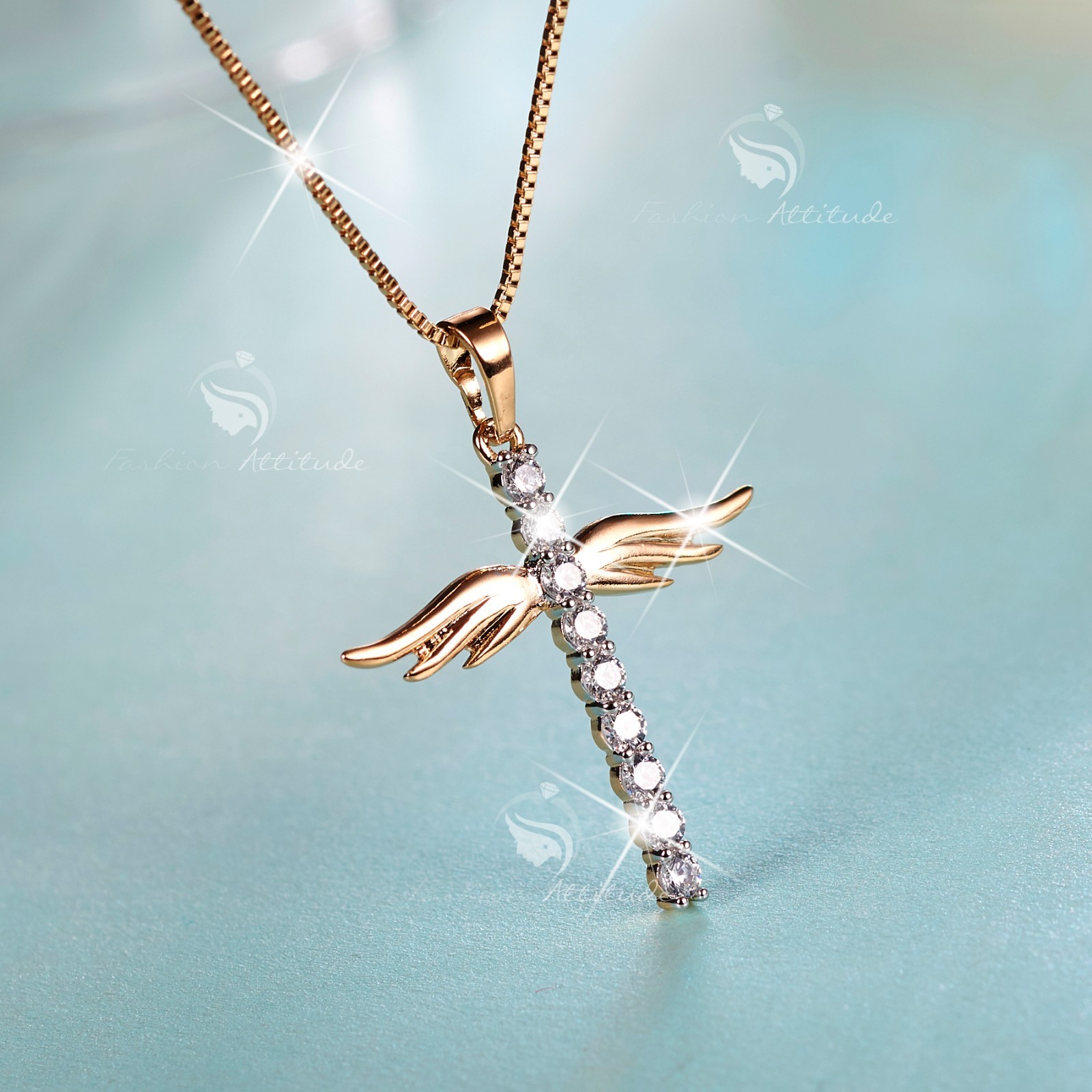 18K YELLOW GOLD MADE WITH SWAROVSKI CRYSTAL CROSS ANGEL WINGS PENDANT ...