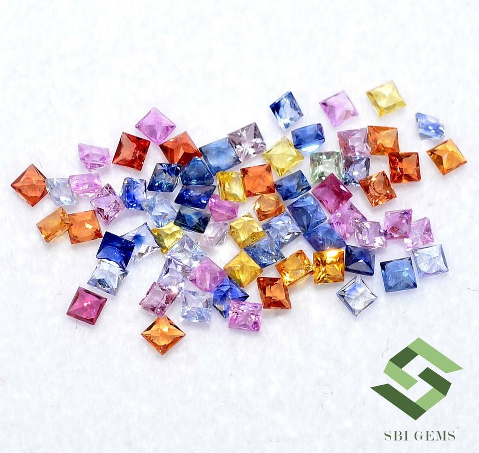 2x2 mm Natural Multi Sapphire Square Princess Cut 1.66 CTS Lot 25 Pcs ...