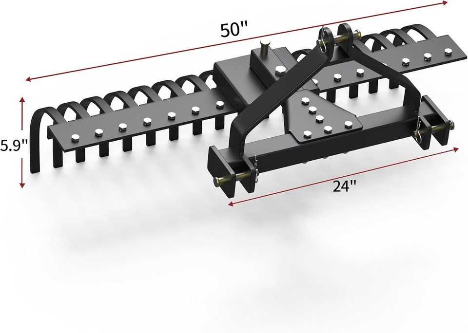 50" 3 Pt Landscape Rake Replaceable Steel Tines Adjustable for CAT-0 ...