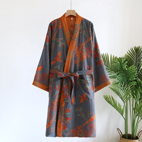 Women's Kimono Muted Blue-Grey Dressing Gown – Cotton Robe with Birds ...