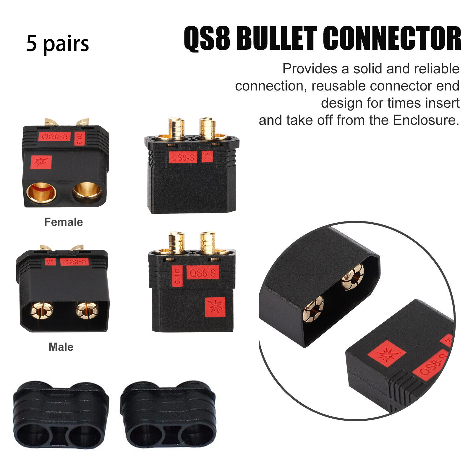 5Pair QS8 Anti-Spark Male Female Connectors Set for RC Lipo Battery Car ...