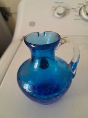 Vintage Pilgrim Hand blown 4" Cobalt Blue Crackle Glass Pitcher | eBay