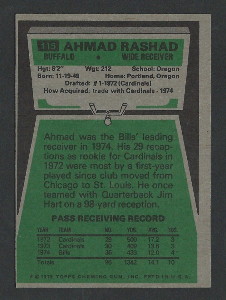 1975 TOPPS #115 AHMAD RASHAD Buffalo Bills EX+ 04 | eBay