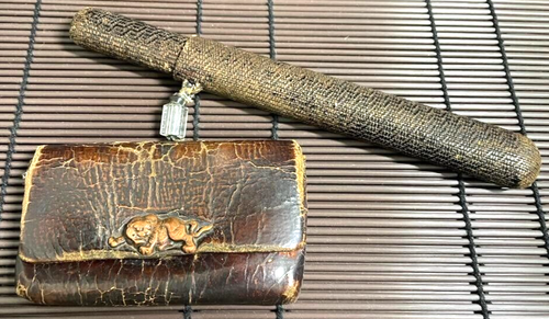 Japanese Antique Edo era Tiger Smoking pipe Kiseru Case & Tobacco Pouch ...