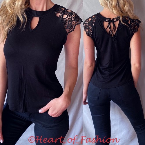 Womens SEXY Crochet Shoulder Detail Cap Sleeve Keyhole String Tie Top ...