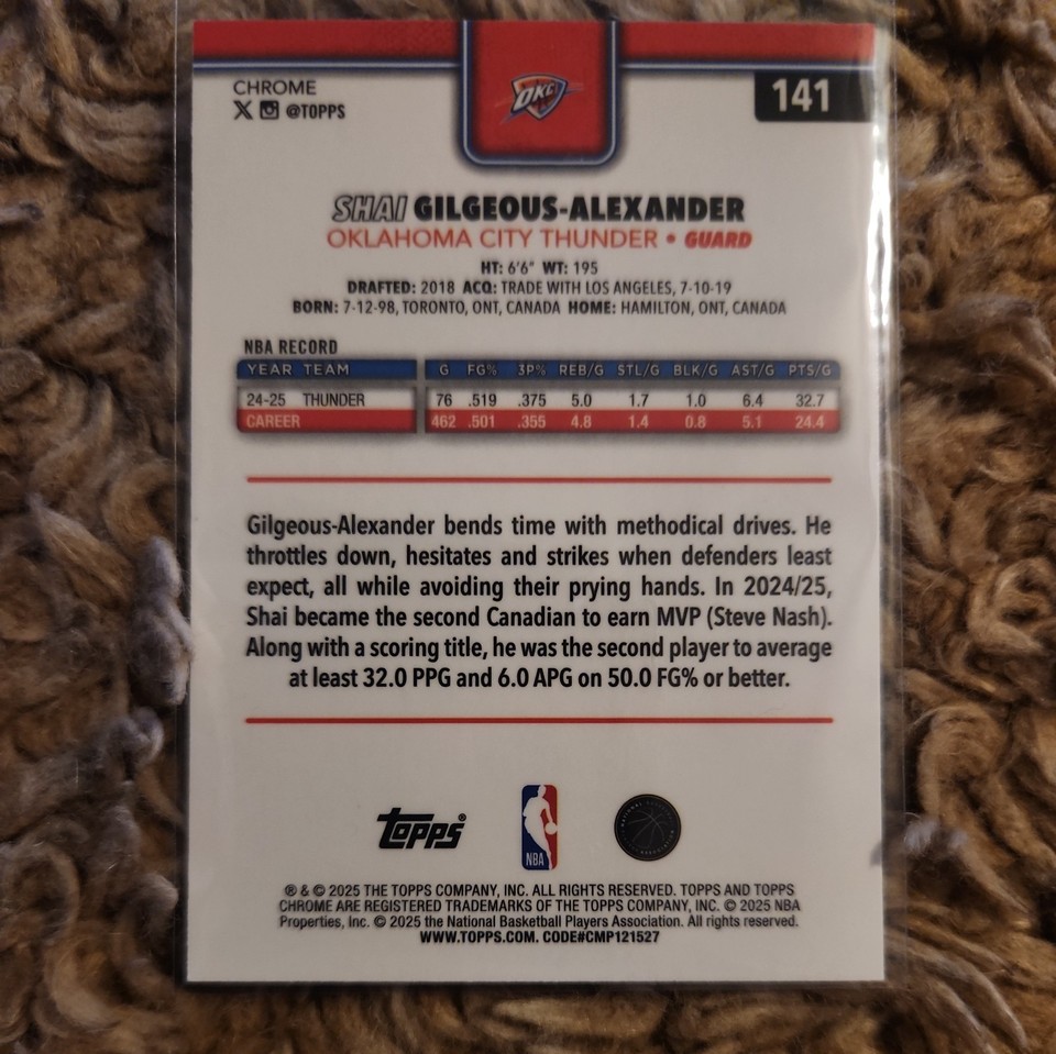 2025-26 Topps Chrome Shai Gilgeous-Alexander #141 OKC Thunder MVP ...