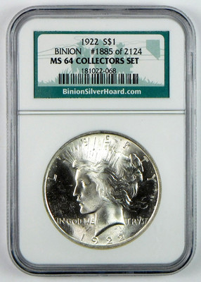 1922 Peace Silver Dollar - NGC MS 64 Collectors Set - Binion Silver ...