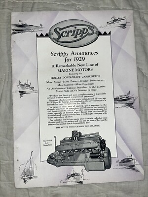 1929 SCRIPPS MARINE ENGINE MOTOR BOATING COLOR AD INSERT, FEBRUARY NYC ...