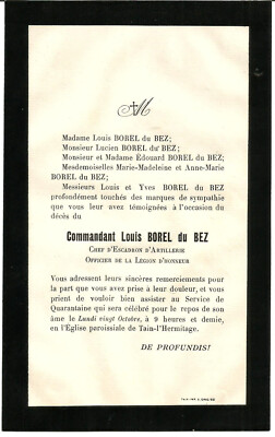 Tain L'Hermitage 1894. Faire-part de Décès Louis Borel du Bez avec ...