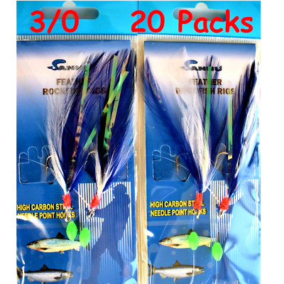 20 packs size 3/0 rock cod rigs 2 Hooks blue/white feather rockfish ...