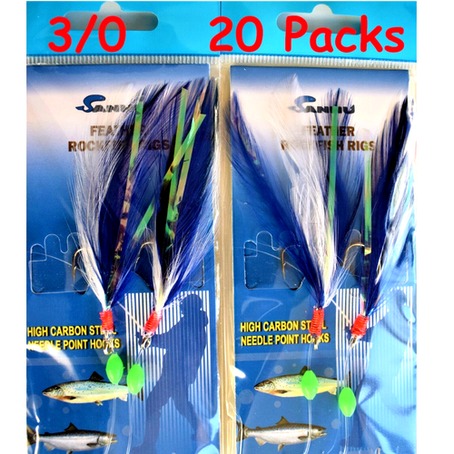 20 packs size 3/0 rock cod rigs 2 Hooks blue/white feather rockfish ...