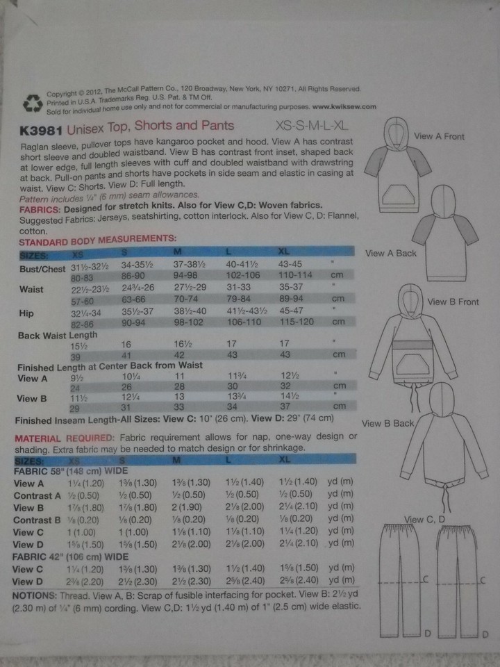 Sleepwear Unisex Top Shorts Pants sizes XS-XL Kwik Sew 3981 Sewing ...