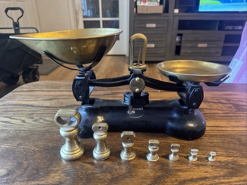 Vintage Cast Iron Balance Scale with Brass Weights Set | eBay
