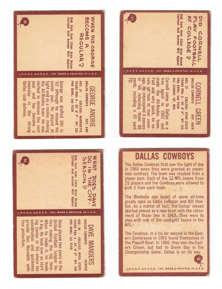 1967 Philadelphia Football DALLAS COWBOYS 4 cards lot Manders Andrie ...