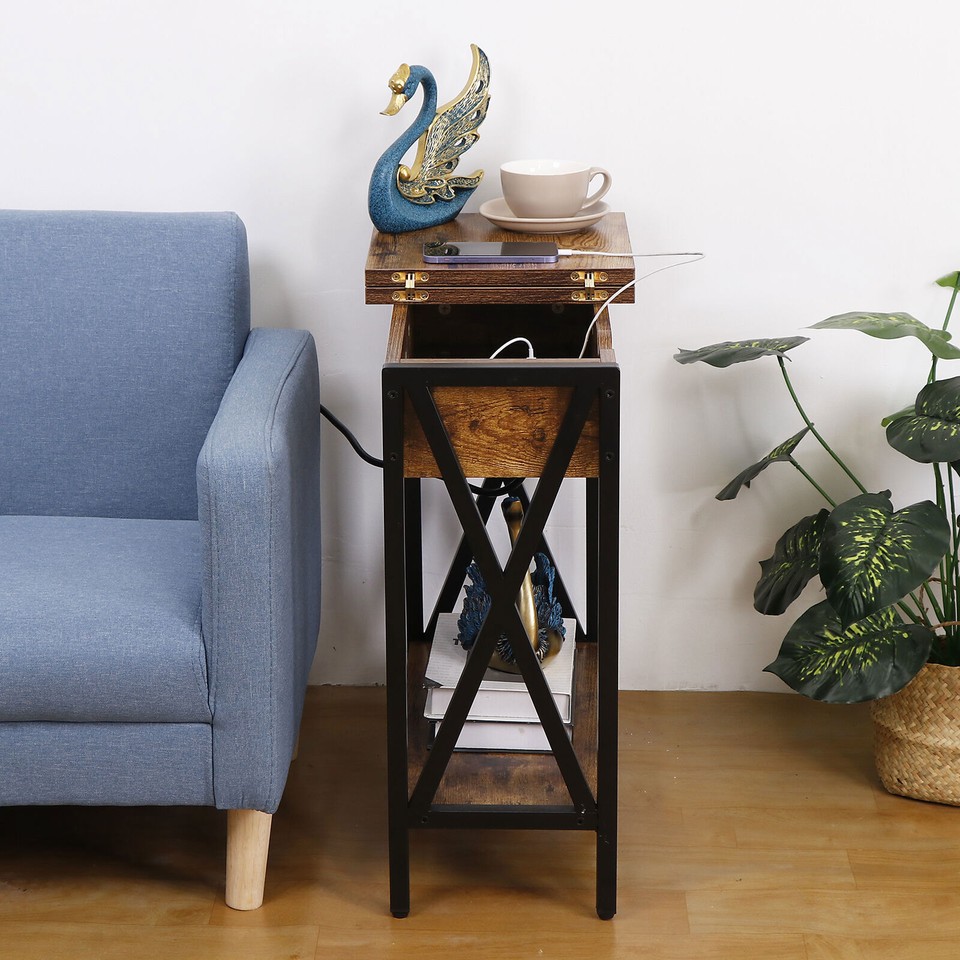 24" Sturdy End Table Flip-Open Top w/ Charger Drawer Console Hallway ...