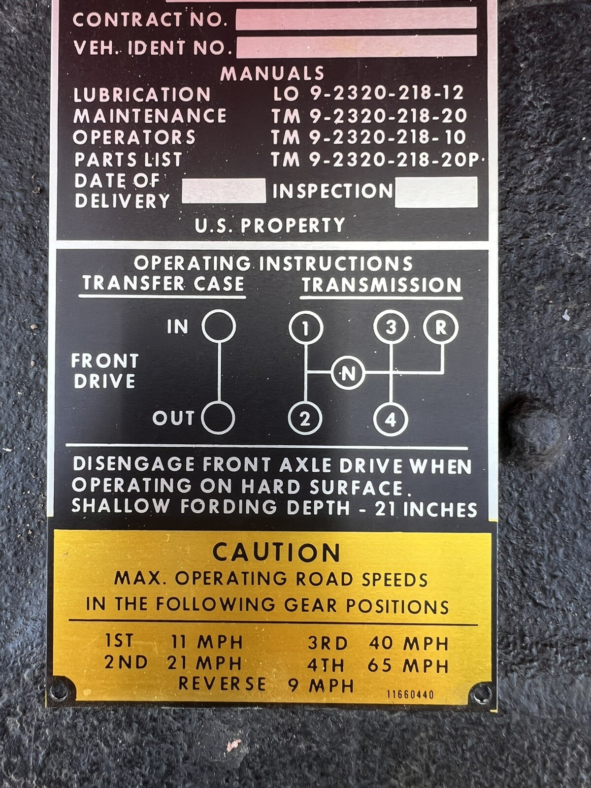 NOS MUTT M718A1 TRUCK AMBULANCE FRONT LINE OPERATING DATA PLATE HARD TO ...