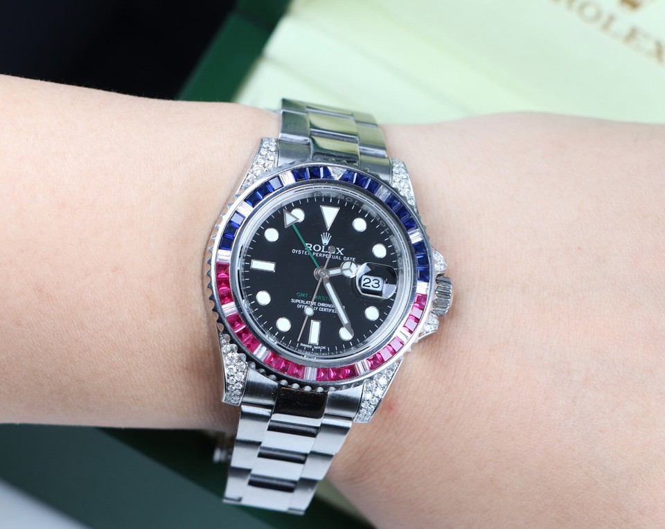 Rolex 40mm GMT Master II Customized Sapphire Ruby Bezel Diamond Watch ...