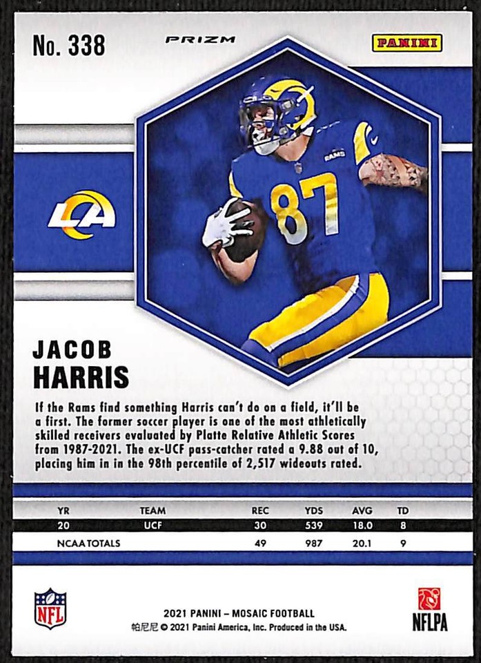 2021 Mosaic Jacob Harris #338 Blue Reactive Prizm Rookie Los Angeles ...