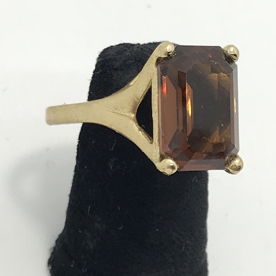 Vintage Signed A 18K GE Gold Plated Amber/ Rust Color Crystal Ring sz 8 ...
